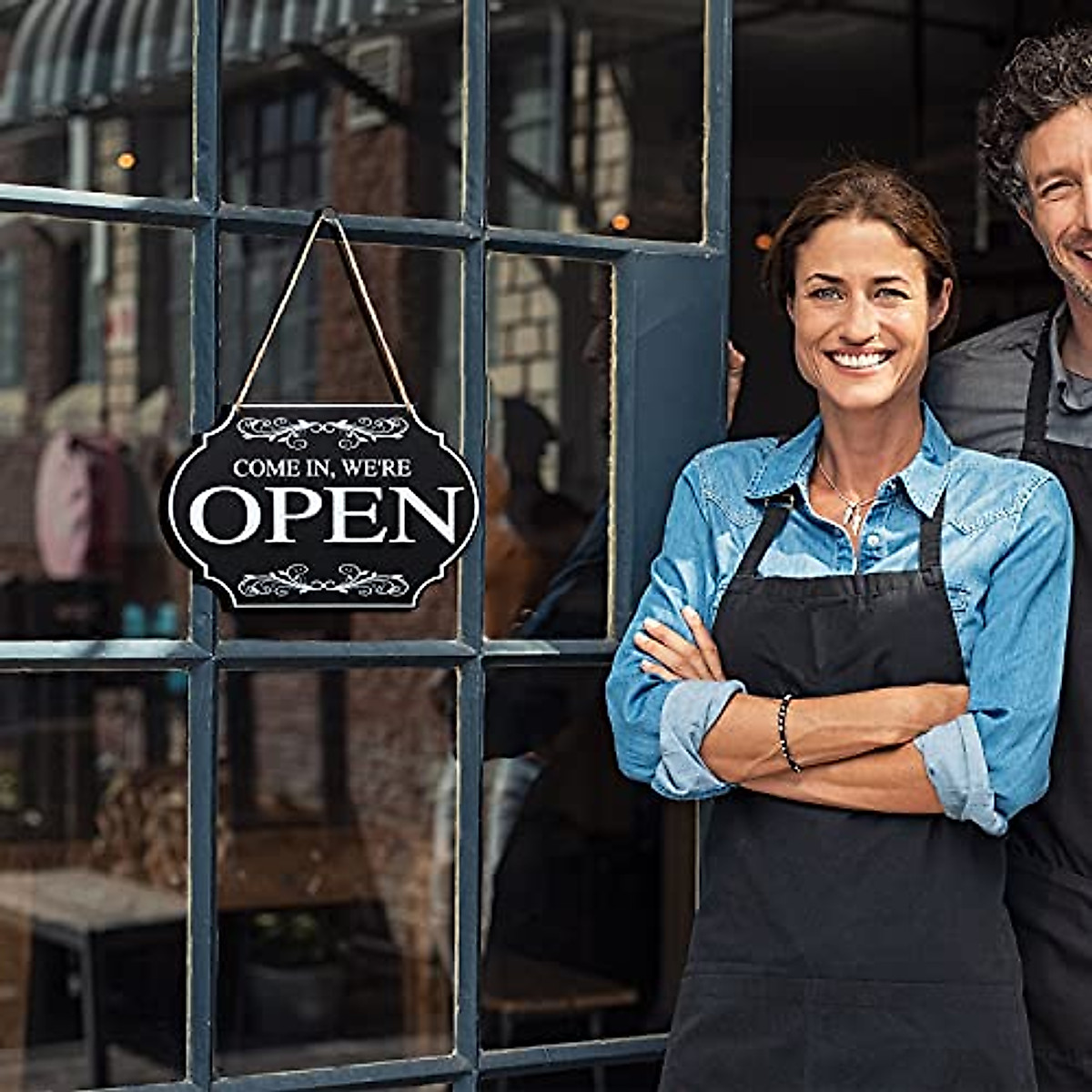 Rustic Wooden Store Open and Closed Business Sign Two Sided Reversible Come In We're Open or Closed Store Hanging Sign for Coffee Bar Shop Door Window, 11.8 x 7.8 Inch (Black Board, White Words)