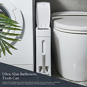 CurcKua Bathroom Trash Can Set Bathroom Garbage Can 16.5x8x4.3in 1.2-Gallon Slim Bathroom Bin with Toilet Brush Holder Press-Opening White Rectangular Toilet Trash Can for Toilet Kitchen Space Saving