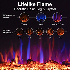 Benrocks 42'' Electric Fireplace Inserts, Recessed & Wall Mount Electric Heater and Linear Fireplace with Remote Control, Adjustable Flame Color, Temperature, Timer 750/1500W Black…