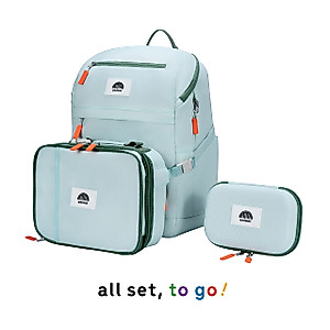 uninni Mint 16'' Kids Backpack Set for Age 6+,fits for height 3'9" above kids with Lightweight Insulated Lunch Bag and Cute Pencil Case for Boys and Girls