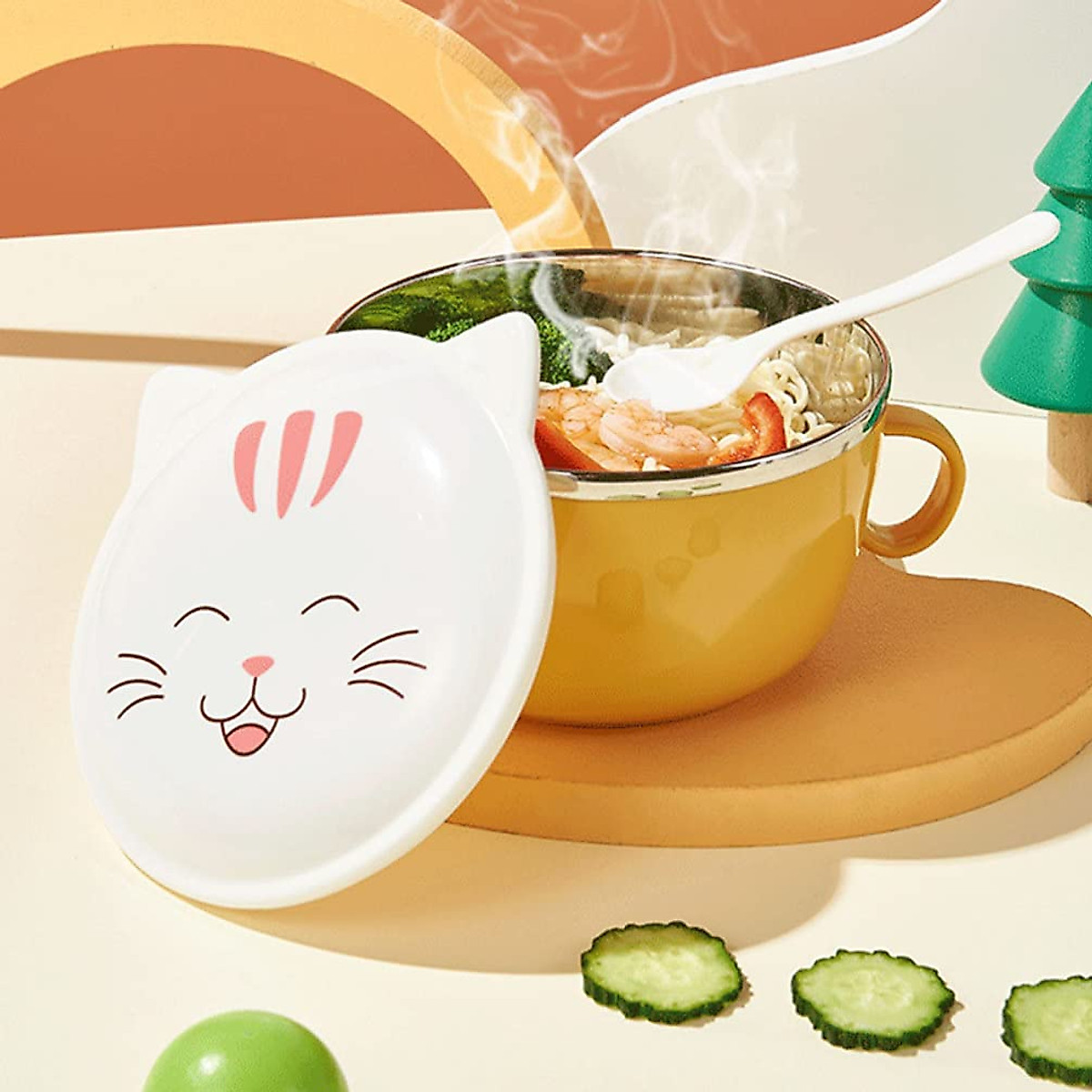 Stainless Steel Instant Noodle Bowl With Lid And Spoon Cartoon Bowl Multifunctional Soup Bowls Dinner Bowls for Home School