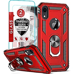 LeYi for iPhone XR Phone Case, iPhone XR Case with [2PCS] Tempered Glass Screen Protector for Women Men, [Military-Grade] Shockproof Phone Case with Ring Kickstand for Apple iPhone XR 10, Red