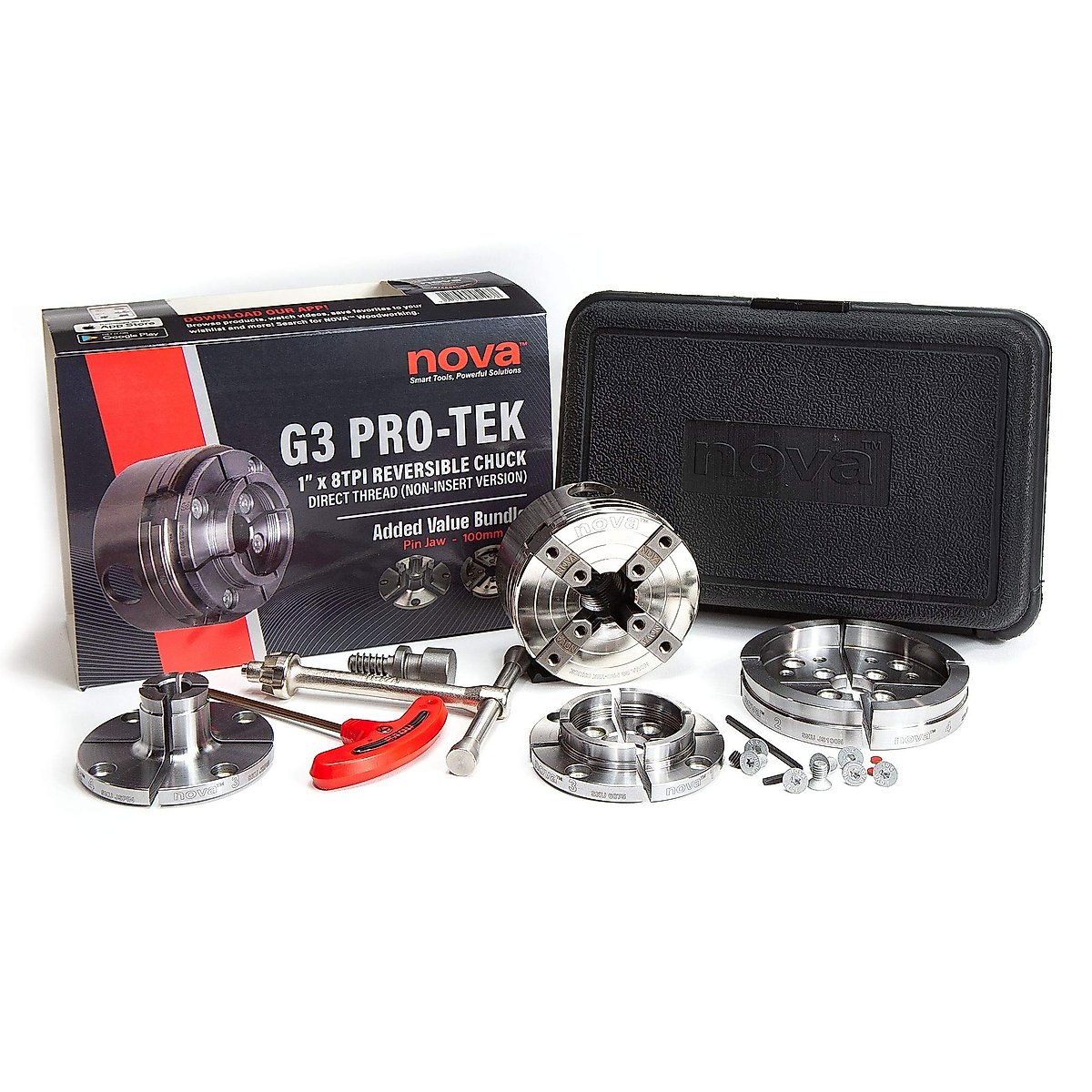 NOVA 48293 PREMIER PRO-TEK G3 CHUCK Bundle with 2" PRO-TEK Jaw Set, JSPIN 1" Pin Jaw Set, JS100N 4" Bowl Jaw Set, Woodworm Screw & Storage Case. 1"x 8 TPI Only (Does Not Use Inserts)