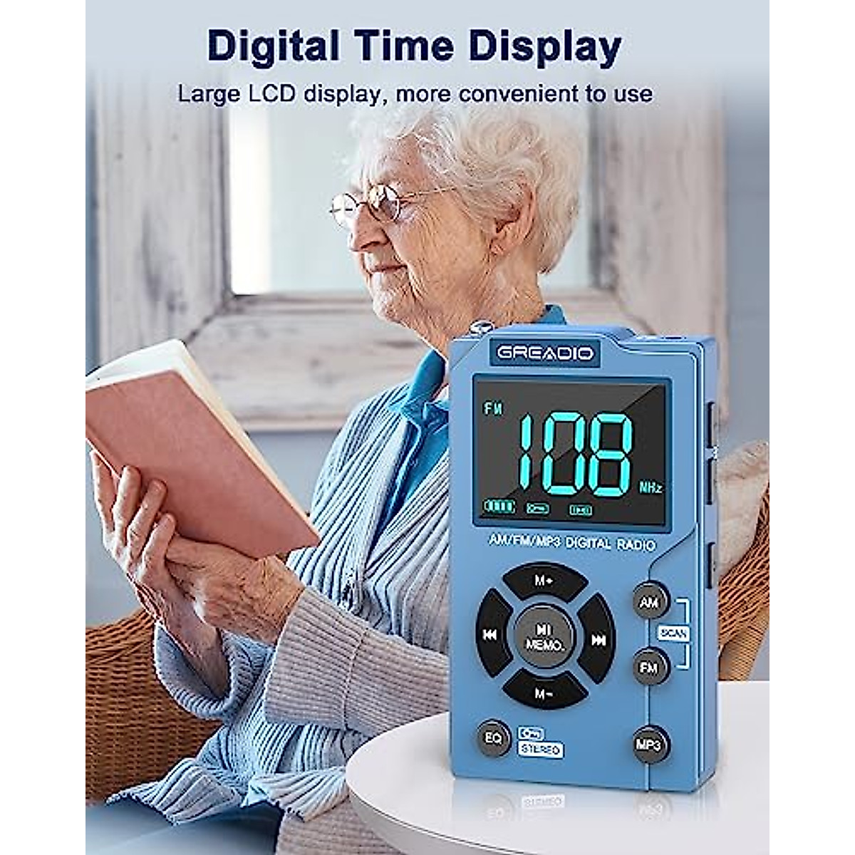 Greadio Radios Portable AM FM with MP3 Player,Best Reception Pocket Radio, Large LCD Screen and Easy to Use, 6 EQ Stereo,Earphone Jack Walkman Radio,for Jogging,Walking,Camping AM FM Radio