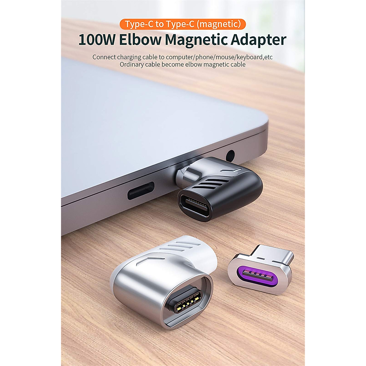 Magnetic USB C to C Charging Cable Adapter Right Angle USB-C Type C Cable Convert 100w PD Charge 480Mbp/s Data Transfer Compatible with MacBook Pro/Air Smartphone Tablet USB-C Devices-2 Pack