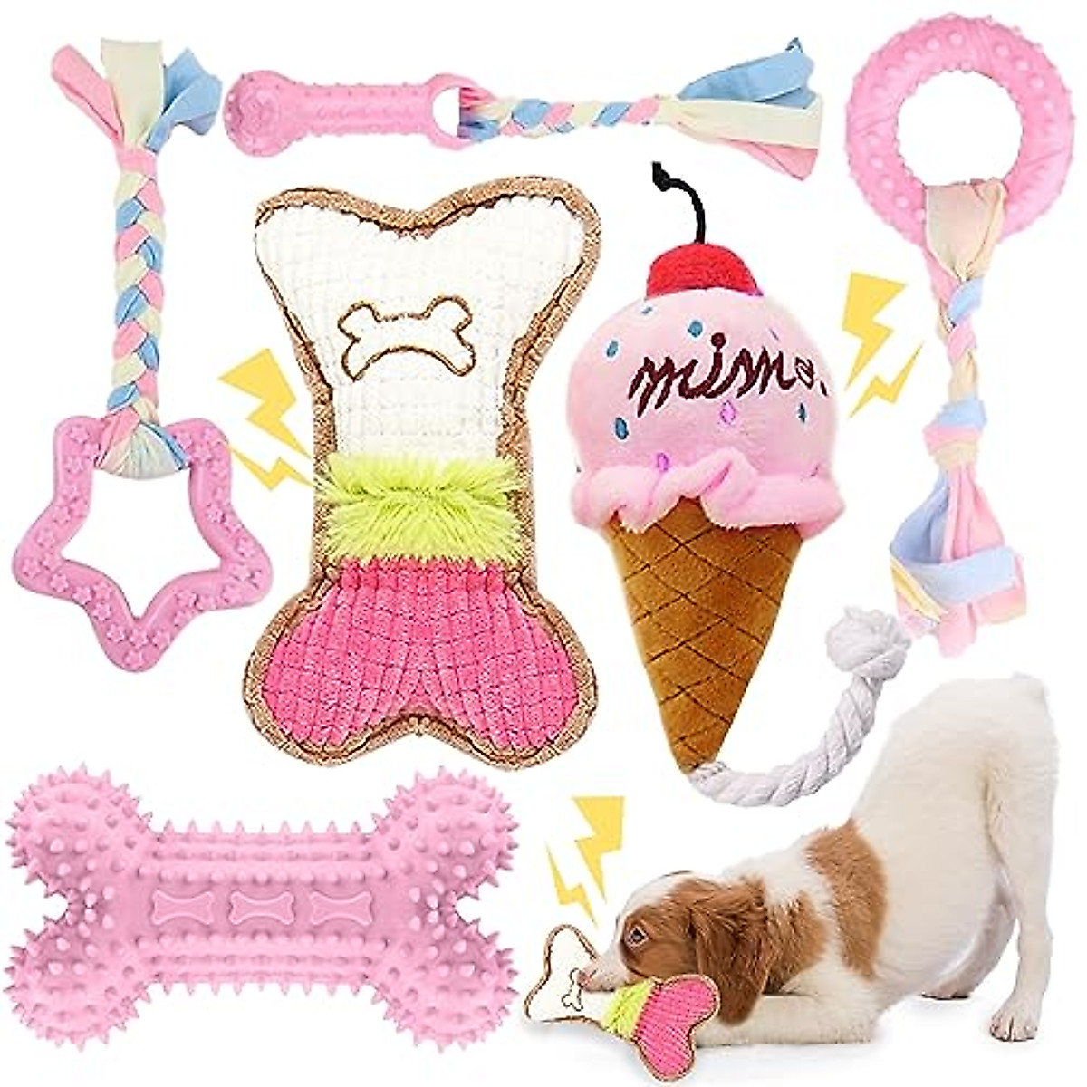 BAEJMJK 6 Pack Puppy Teething Toys Pink Small Breed Dog Chew Toys with Rope Cute Soft Rubber Puppy Toys Set for Cleaning Teeth Interactive Pet Doggy Bone Toys