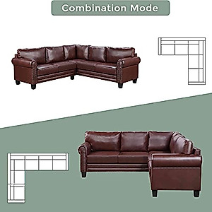 Cotoala Leather Sectional Sofa, L-Shape Corner Couch with Scroll Arms & Rivet Ornament for Living Room, Home Furniture, Apartment, Dorm, Brown PU