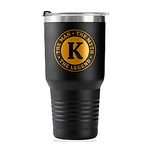 the Man the Myth the Legend Mug with Initials, Monogrammed Stainless Steel Travel Tumbler for Men, Funny Personalized Coffee Cup, Custom Beer Glass, Unique Birthday Christmas Gifts for Him, 30 oz, K
