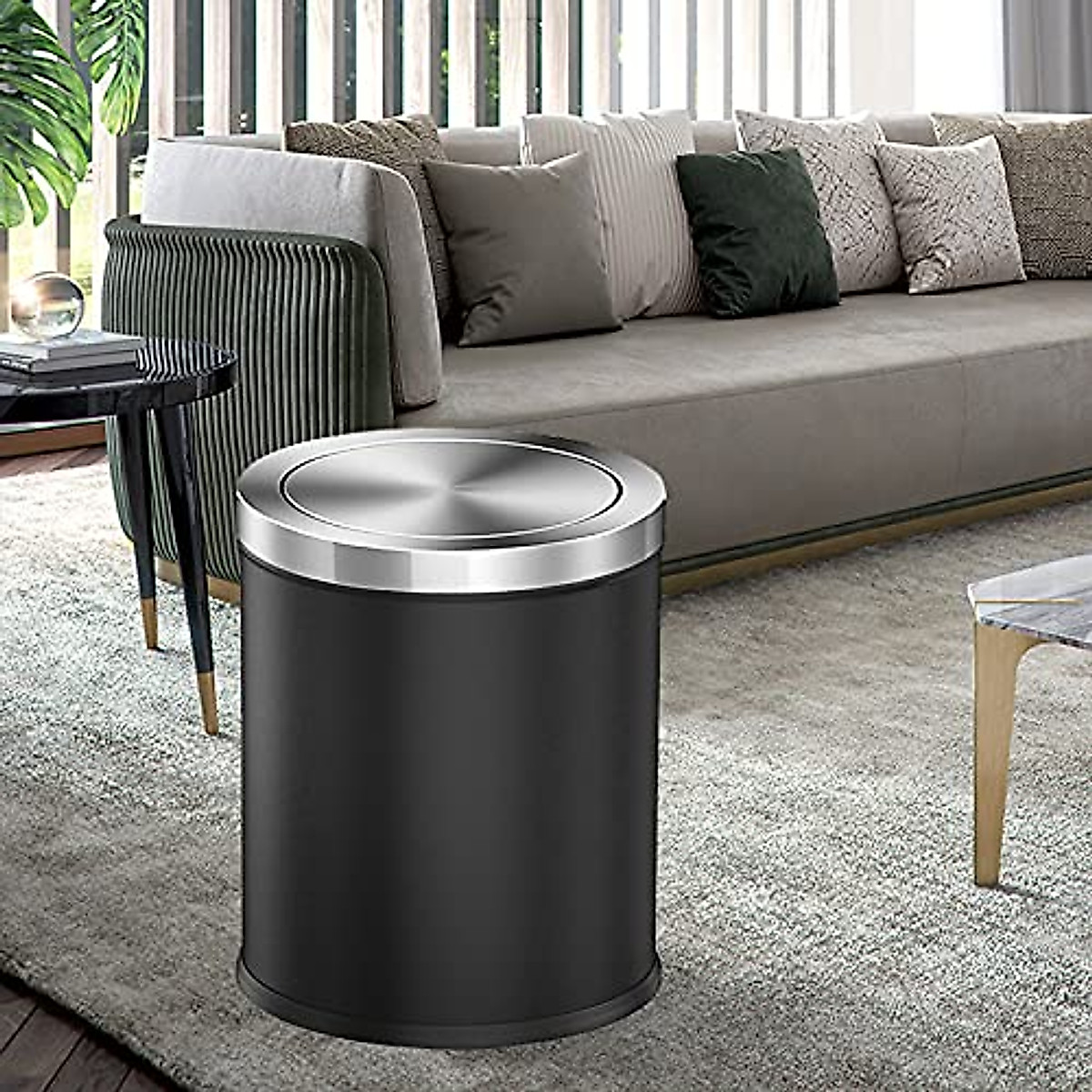 4 Gallon Black Stainless Steel Bathroom Trash can Garbage can Wastebasket Bin with Lids for Kitchen Bedroom Living Room Office(Black)