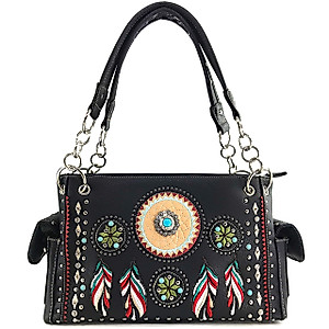Zelris Tribal Dream Catcher Feather Embroidery CCW Concealed Carry Western Handbag And Wallet Set (Black)