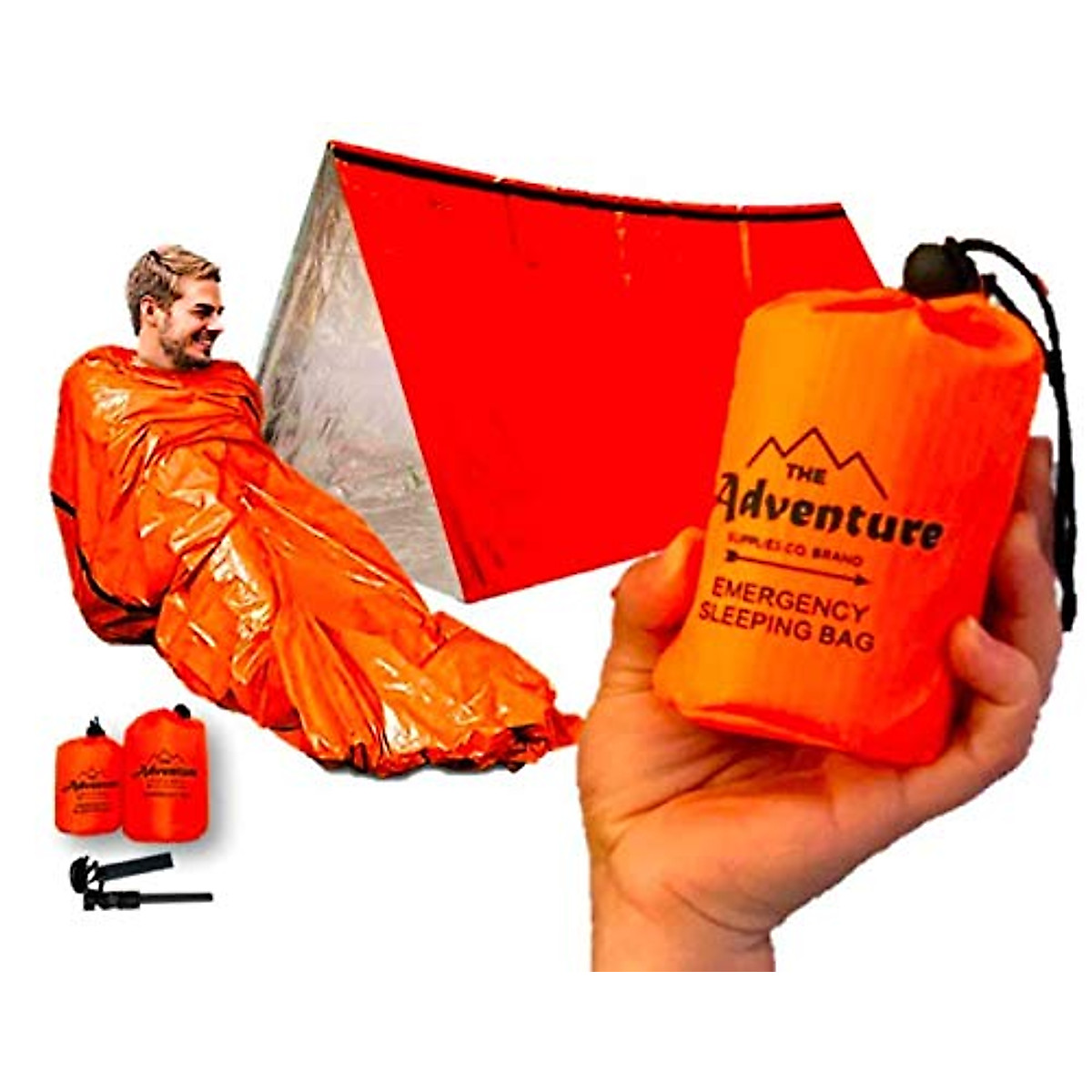 Emergency Sleeping Bag & Tent Shelter, Stocking Stuffer! Combo Prepper kit Survival Tent, Bivy Sack Tent, Sleeping Bag, Fire Starter + Whistle, Mylar Thermal Adventure Supply Co.