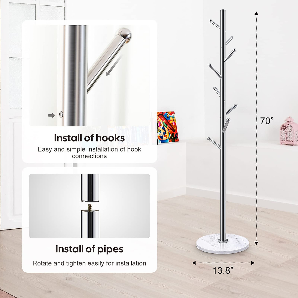 Homde Metal Coat Rack Stand with Natural Marble Base, Stainless Steel Freestanding Clothes Tree Hanger with 8 Hooks, Hall Hanger for Coat Jackets Hat Scarves Handbags Entryway Bedroom (Silver)