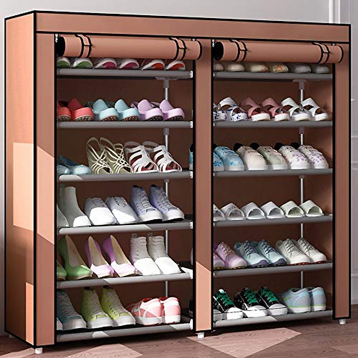 6 Tier Shoe Rack Organizer for 36 Pair Shoes, Double Rows 12 Lattices Free Standing Shoe Cabinet Storage Shelf Holder with Non-Woven Fabric Dustproof Cover,Large Portable Closet Shoe Tower (Brown)