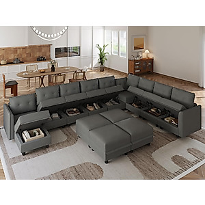 LLappuil Modular Sectional Sofa with Storage, Oversized Couch 14 Seater U Shaped Sofa with Chaise, Faux Leather Fabric Large Sectional Couch with Ottoman, Dark Grey