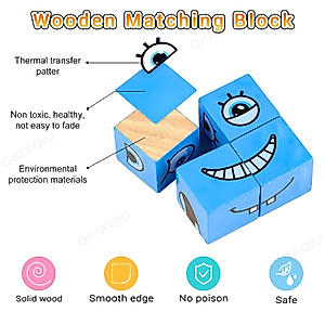 Wooden Face Changing Magic Cube Game, Expression Puzzle Building Blocks Pattern Matching Game with Bell, Educational Puzzles Toy Board Games for Kids and Adults
