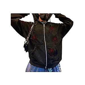 Cbsdezanos Y2k Zip Up Hoodie for Women Rhinestones Skull Skeleton Hoodies Long Sleeve Hooded Sweatshirt Gothic Harajuku Streetwear (Black Red Spider, S)
