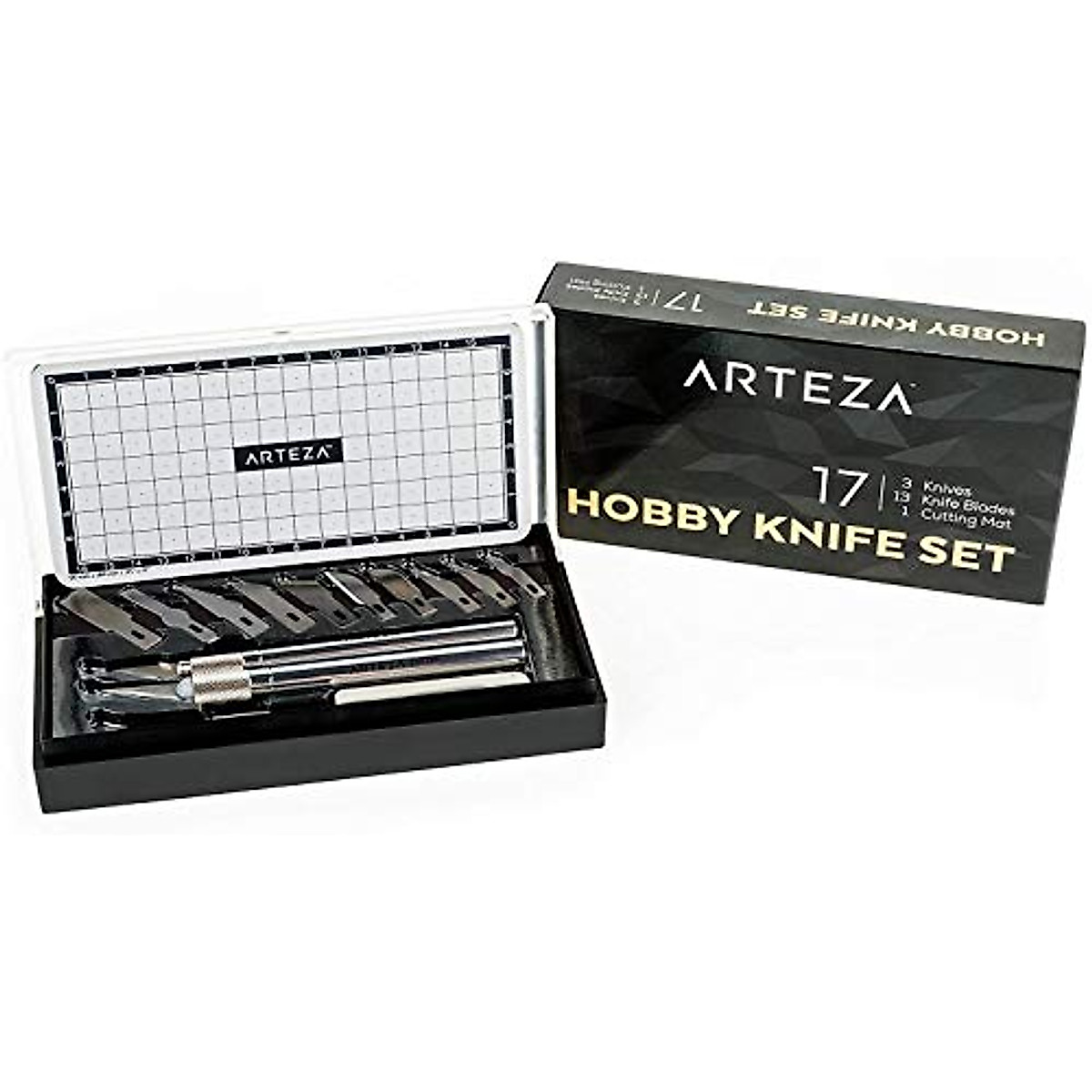 Arteza Hobby Knife Kit, Set of 17 Pieces Including 13 Steel Blades, Precision Knives with Precision, Trimming, and Cutting Handles, and Cutting Mat, Craft Supplies for Stenciling, Sewing, and Baking