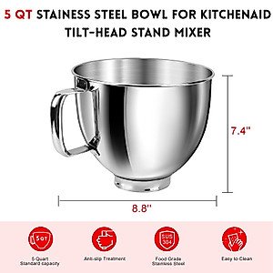 GGC Stainless Steel 5QT Mixing Bowl with Handle, Compatible with Kitchenaid 4.5-5 Quart Tilt-Head Stand Mixers, Multipurpose Kitchen Companion