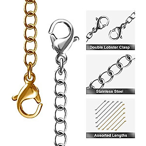 Necklace Extenders, 10Pcs Stainless Steel Gold Silver Necklace Bracelet Anklet Extension Chains with Lobster Clasps and Closures for Jewelry Making
