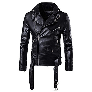 PASOK Men's PU Leather Jacket Causal Belted Faux Leather Motorcycle Jacket Zipper Biker Coat Black XL