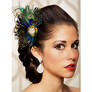 Yokawe Peacock Feather Hair Clip Peacock Fascinator with Rhinestone 1920s Flapper Fascinator Wedding Dance Party Hair Accessories for Women