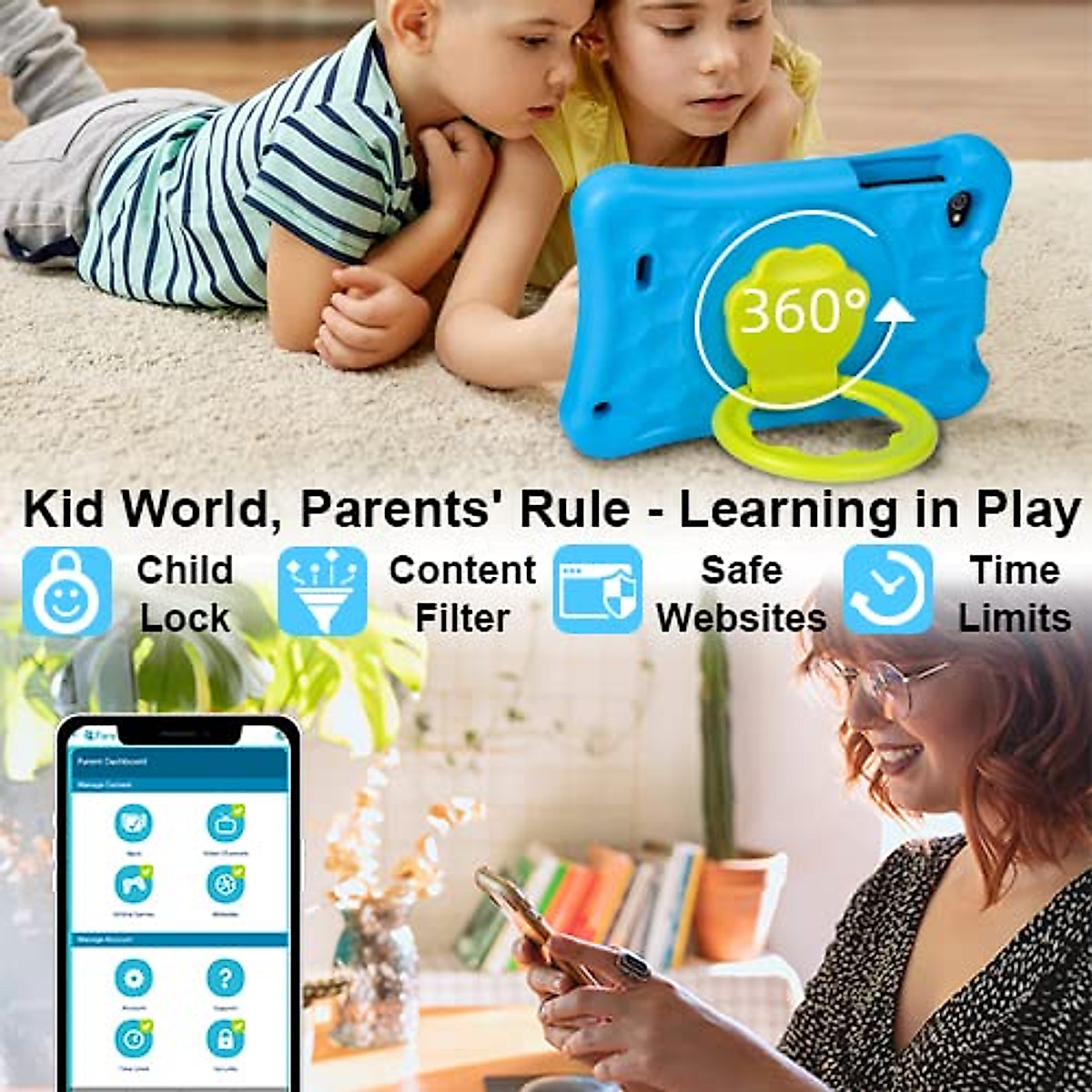 BYTENUC Kids Tablet, 10 inch Tablet for Kids, Kidoz Pre-Installed, Parental Control, 2GB RAM 32GB Storage, Bluetooth, WiFi, Dual Camera, Android Tablet for Kids with Shockproof Case and Stylus