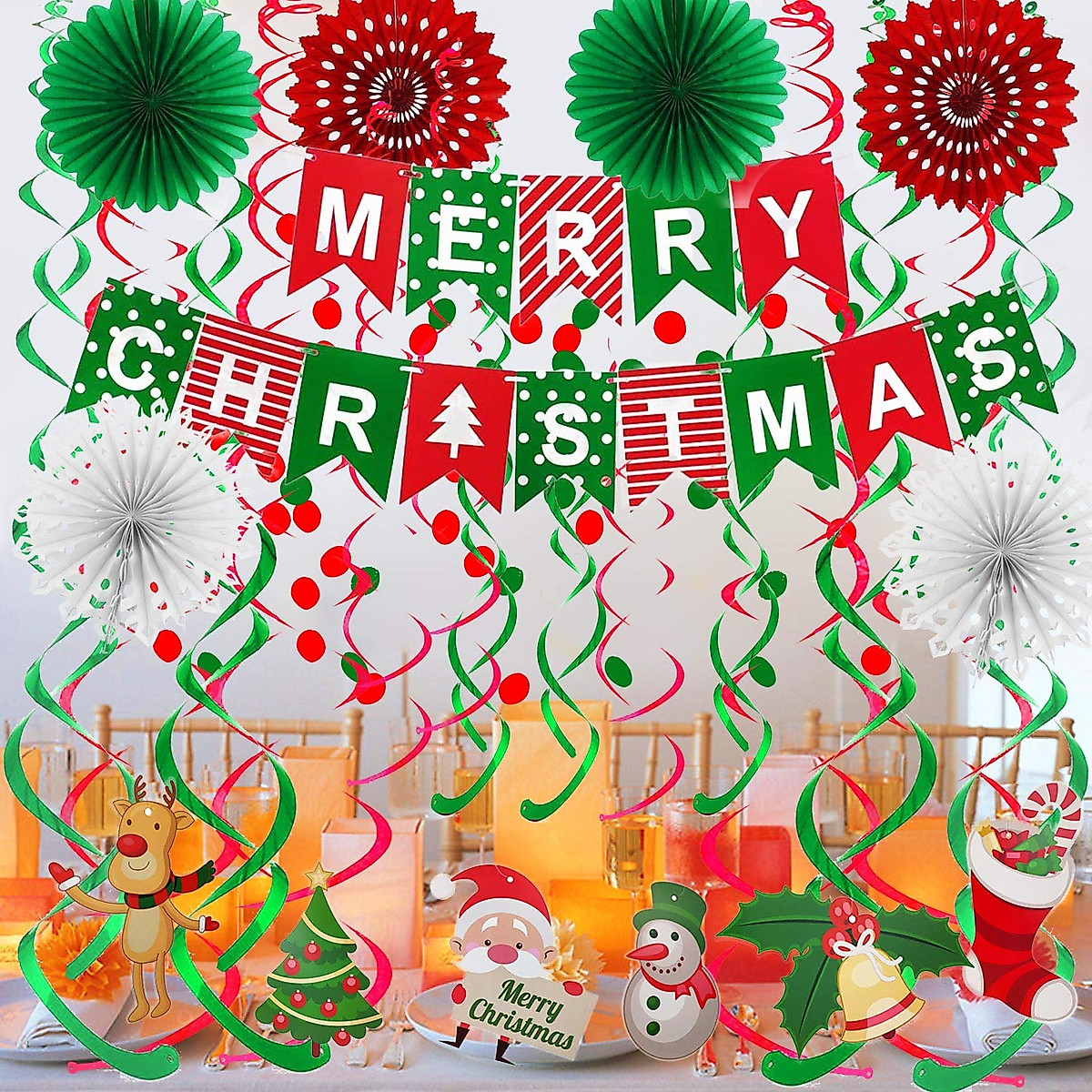 FECEDY Merry Christmas Banner Paper Fan Flower Circle Confetti Dots Hanging Garlandand Swirl Streamers Christmas Tree Christmas Snowman God Tang for Christmas Party Decoration