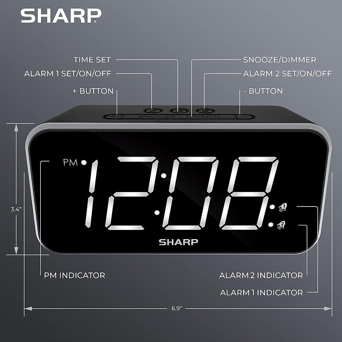 Sharp Alarm Clock Jumbo Easy to Read Display – 3 Step Dimmer Control – Dual Alarms, Battery Back-up, Black with White LED