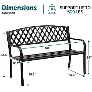 Yewuli 50" Metal Bench Outdoor Garden Benches Porch Patio Bench Weatherproof, Modern Park Benches for Outside Patio Furniture Loveseats Decor Cast Iron Frame, Black