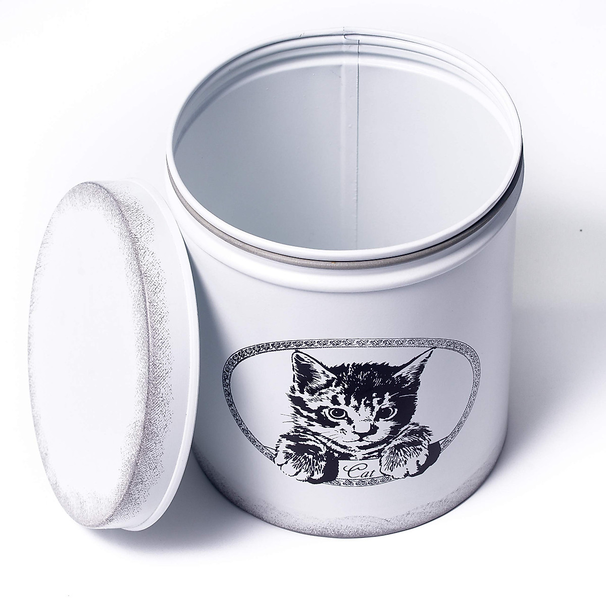 The PetSteel Antique White Treat Jar. Sturdy Treat or Food Storage Canister with Cute Cat Design.Tight Fitting Lids. Pet Food Container Fit's Up To 2lbs of Treats