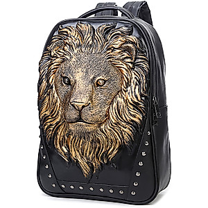 3D Animal Head Backpack, Studded PU Leather Cool Laptop Backpack College Bookbag (Lion-Black) One Size