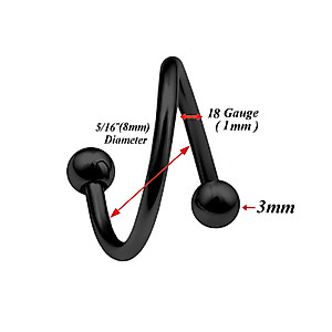 bodyjewellery 2pcs 18g Spiral Barbell Cartilage Earring Lip Tragus Eyebrow Hoop Helix Twisted Bar Black Anodized Studs 3mm balls 8mm