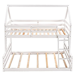 BOVZA Twin Over Full House Bunk Bed, Floor Low Bunk Bed for Kids Teens Girls Boys, Convertible to 2 Beds, White