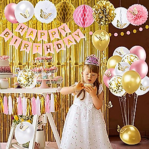 Pink and Gold Birthday Party Decorations for Women with Happy Birthday Banner,Curtains, Butterfly Wall,Circle Dots Garland,Tissue Pompoms,Paper Tassels Garland Birthday for Her