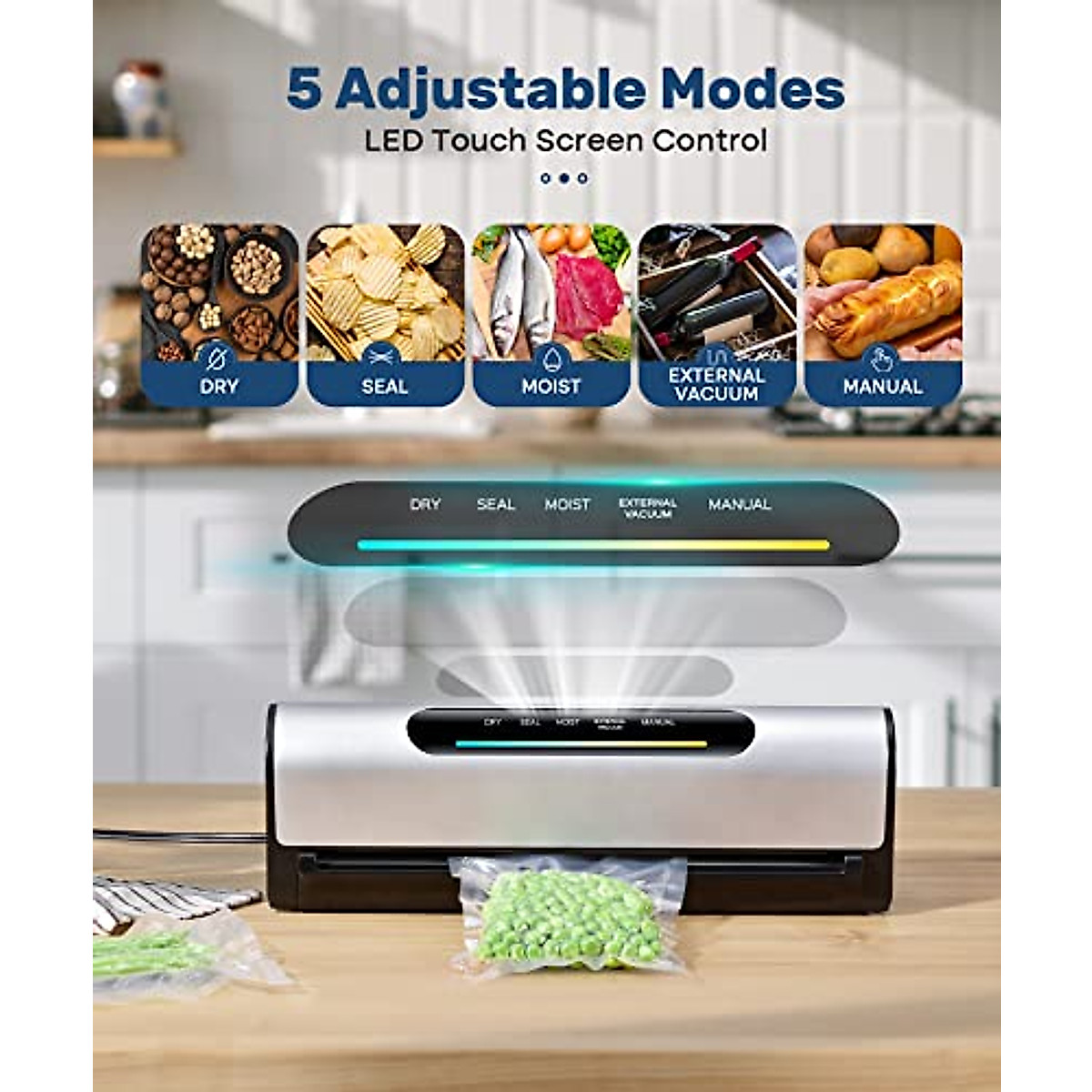 Vacuum Sealer Machine, 95Kpa Full Automatic Food Vacuum Sealer for Food Preservation & Sous Vide, with Astonishing Large LED Screen, 5 Vacuum Sealer Bags, Dishwashable Drip Tray, 15.15in