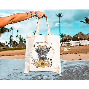 GXVUIS Highland Cow Canvas Tote Bag for Women Aesthetic Floral Reusable Grocery Shoulder Shopping Bags Gifts for Girls White