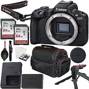 Canon EOS R50 Mirrorless Camera (Body Only) + 2pc 64GB Memory Cards + Tripod + Case & More
