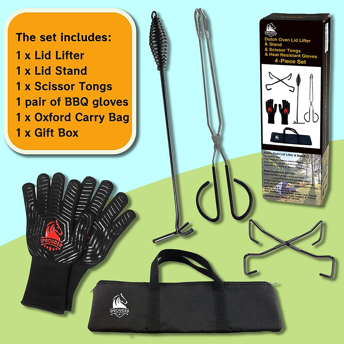 IPROUDER Dutch Oven Lid Lifter, Dutch Oven Lid Stand, Heat Resistant Gloves, Scissor Tongs, Pot Stand, Trivet for Camping, Dutch Oven Tool Combo, BBQ tool set, Outdoor Camping Cooking Accessories