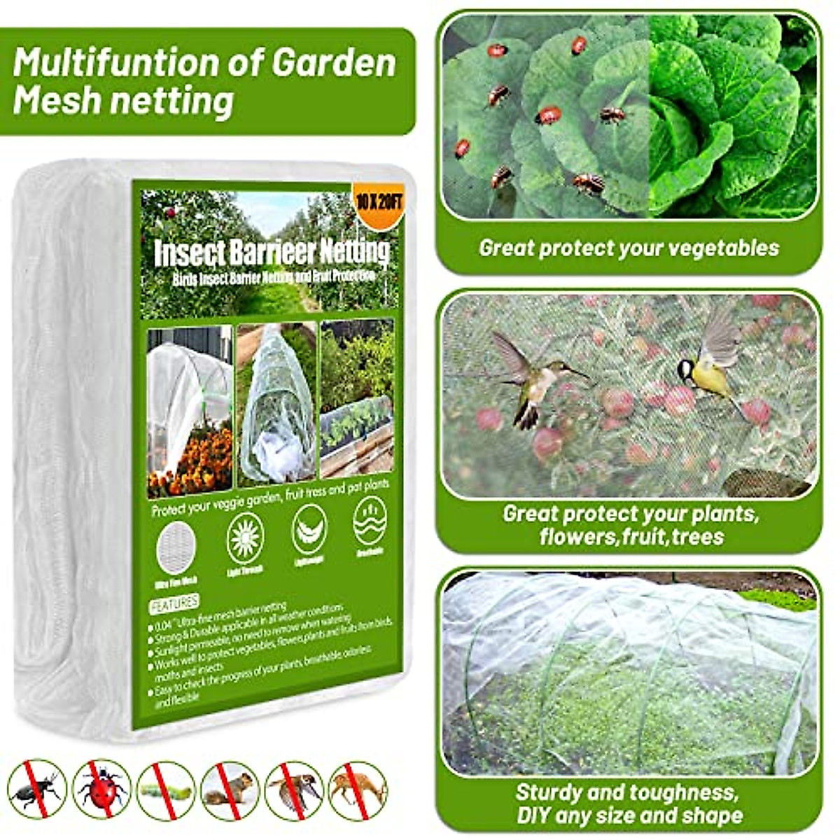 Cludoo 67pcs Garden Mesh Netting Kit,6 Sets Wide Garden Hoops with 10x20 ft Garden Covers Bird Netting& 12 Clips, Garden Protection for Raised Beds Greenhouse Vegetable Plants Flowers Animals