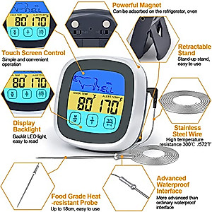 Digital Meat Thermometer for Cooking, Food Thermometer with Large Touchscreen Backlight LCD, Long Probe, Cooking Thermometer for Beef Liquid Oven BBQ Grill Fry Candy, Kitchen Stuff Gift for Women Men