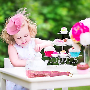 Auidy 6TXD Tea Party Supplies, 6 Pieces Girls Party Headwear and Accessories, Includes Folding Hand Fans, Clip on Hats, Satin and Lace Gloves, Rose Pink