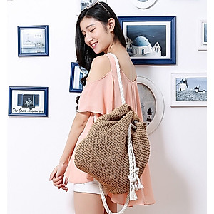 TONWHAR® Campus Fashion Straw Shoulder Bag Beach Backpack Purse (Brown)