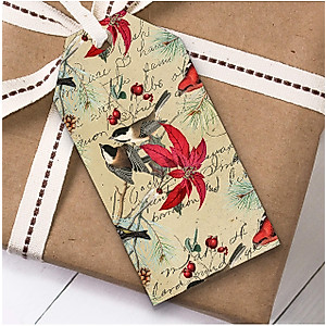 Vintage Blue Birds Red Flowers Christmas Gift Tags (Present Favor Labels)