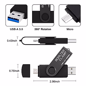 BorlterClamp 128GB USB 3.0 Flash Drive Dual Port Memory Stick, OTG Thumb Drive with Micro USB Drive Port for Android Smartphone Tablet & Computer (Black)