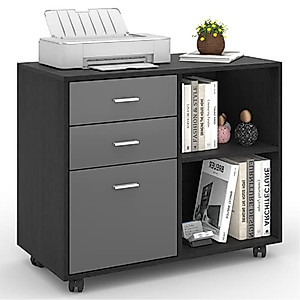 WILLIAMSPACE 3-Drawer Wood File Cabinet, Mobile Lateral Filing Cabinet on Wheels for Printer Stand with Open Storage Shelves for Home Office (Black Oak + Dark Grey)