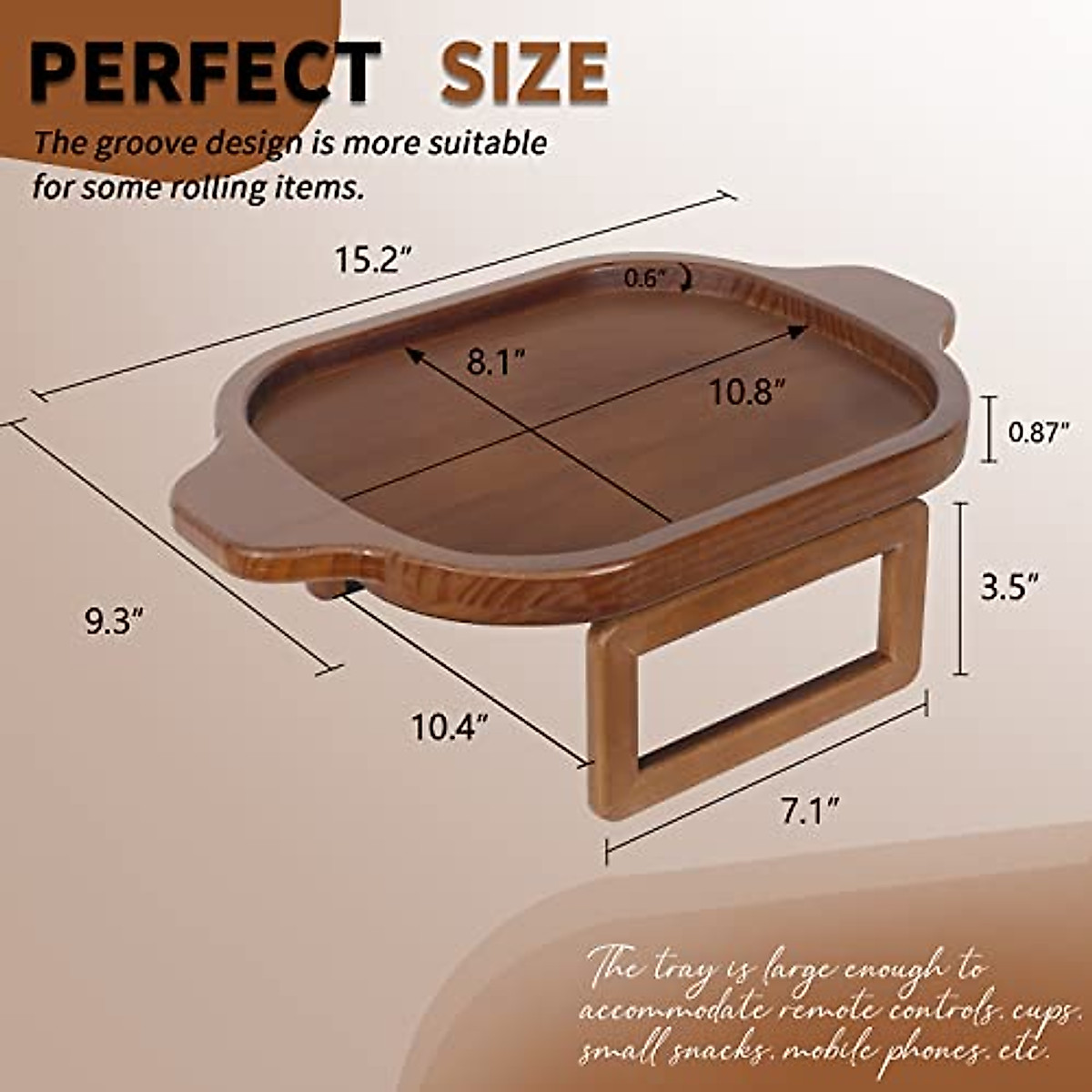 Wooden Couch Tray with Handle, Foldable Couch Arm Table, Sofa Arm Tray for Wide Couches Arm Within 10 Inches, Waterproof & Non-Slip Couch Arm Tray for Snacks Remote Control or Phone (Dark Brown)