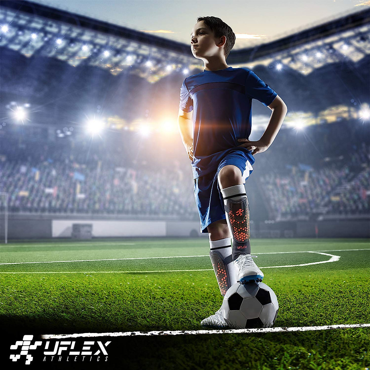 Uflex Athletics Slip and Slide Shin Guards for Kids and Teens - Protective Soccer Gear for Boys and Girls with Padded Ankle Support - Non Slip Adjustable Straps (X-Small)
