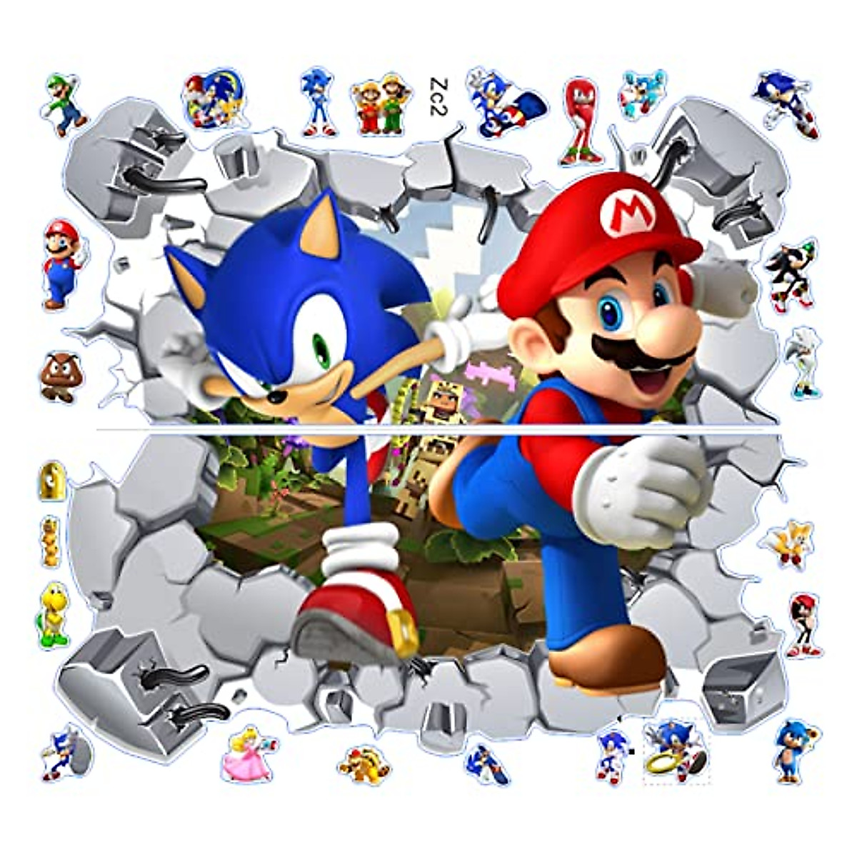 2022 Mario Play Game with Sonic 3D Break The Wall Stickers for Living Room Kids Room Wall Decor Boys Girl Gift Bedroom Poster Mural Wallpaper Removable PVC Wall Stickers (23" x 25")