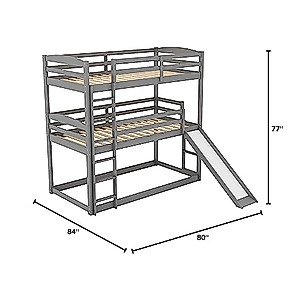 Triple Bunk Bed with Slide,Twin-Over-Twin-Over-Twin Bunkbeds with Ladder and Safety Guardrails for Kids/Teen/Adults Bedroom,Can Divided into 2 Beds,No Box Spring Needed,Pine Wood,Gray