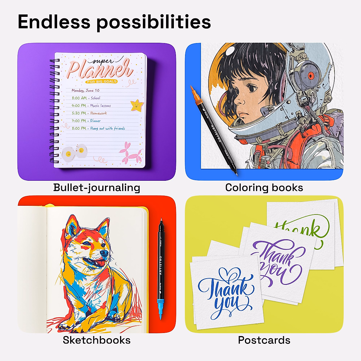 ARTISTRO 36 Brush Marker Pens Coloring Markers for Adults Brush Tip & 0.4mm Fineliner Pens Coloring Markers No Bleeding